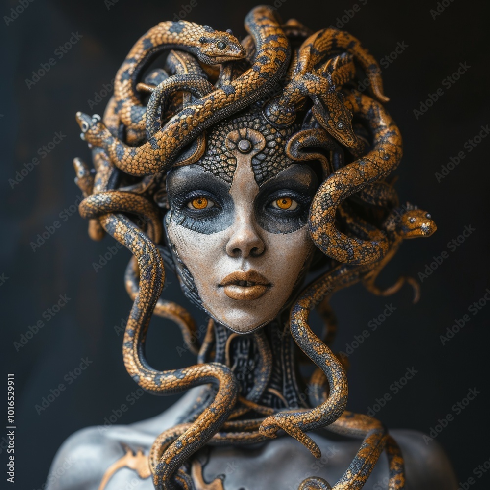 Futuristic Medusa Gorgon cybernetic sculpture with mechanical snakes ...