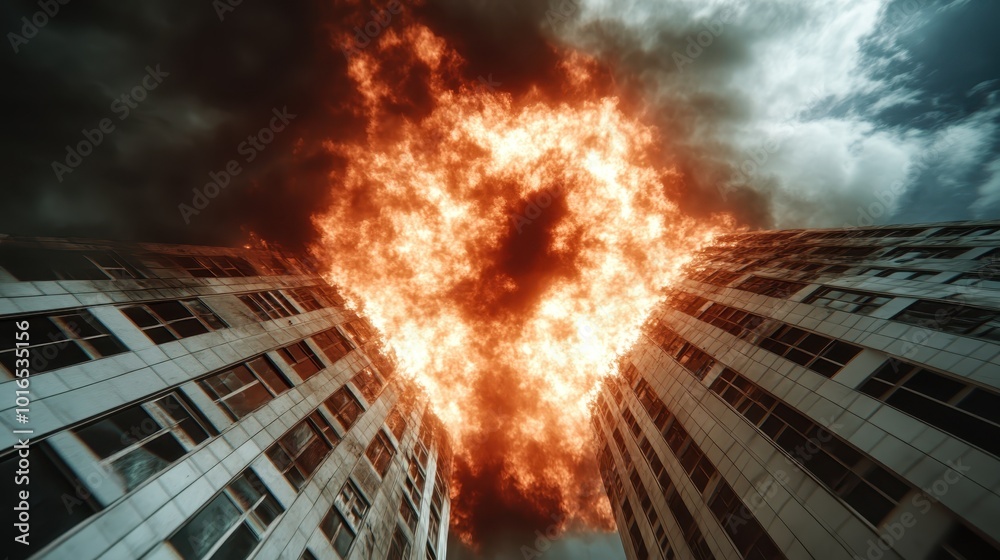 A massive explosion with glowing flames stretches upwards between two ...