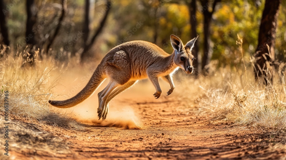 A wallaby kangaroo hopping along a dirt path in the wild, leaving ...