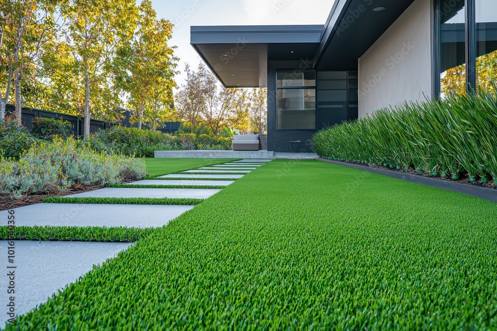 Glossy jade artificial grass installation around a contemporary home ...