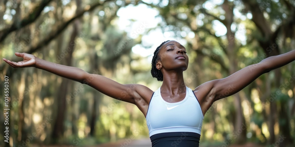 Resolute black female runner stretches her arms and legs in open park ...