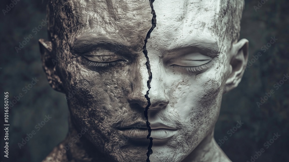 Half statue half real man. Marble sculpture of statue head of young man ...