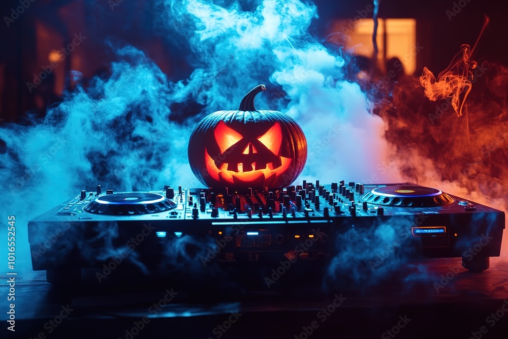 Halloween party concept with a DJ deck and turntable on a dark ...