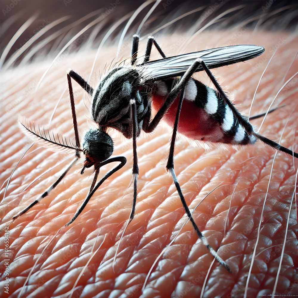 Aedes mosquito landing on human skin, preparing to feed on blood ...