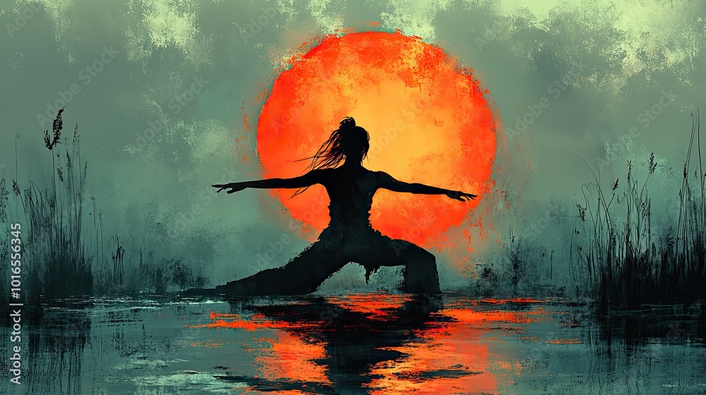 person performing the warrior pose virabhadrasana depicted,a strong and ...