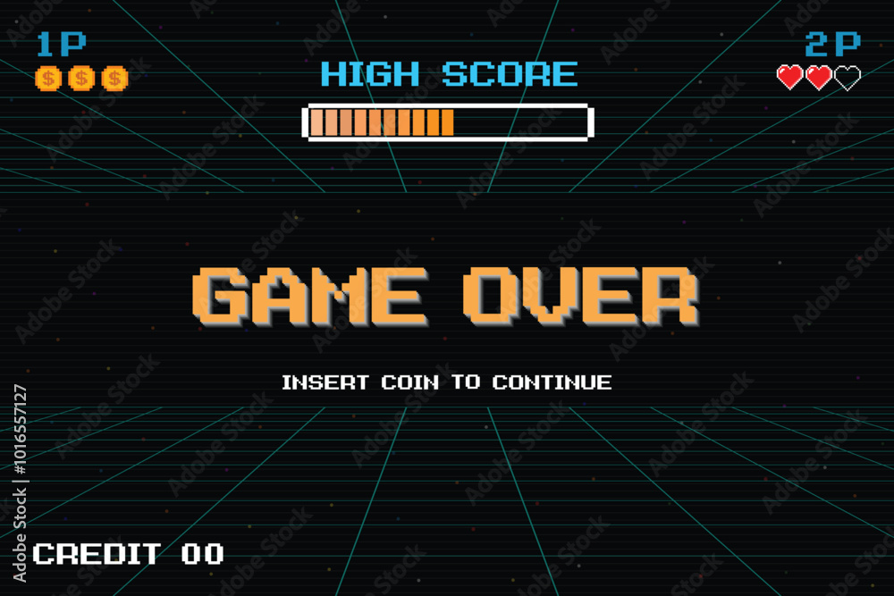 GAME OVER INSERT A COIN TO CONTINUE .Synthwave wireframe net ...