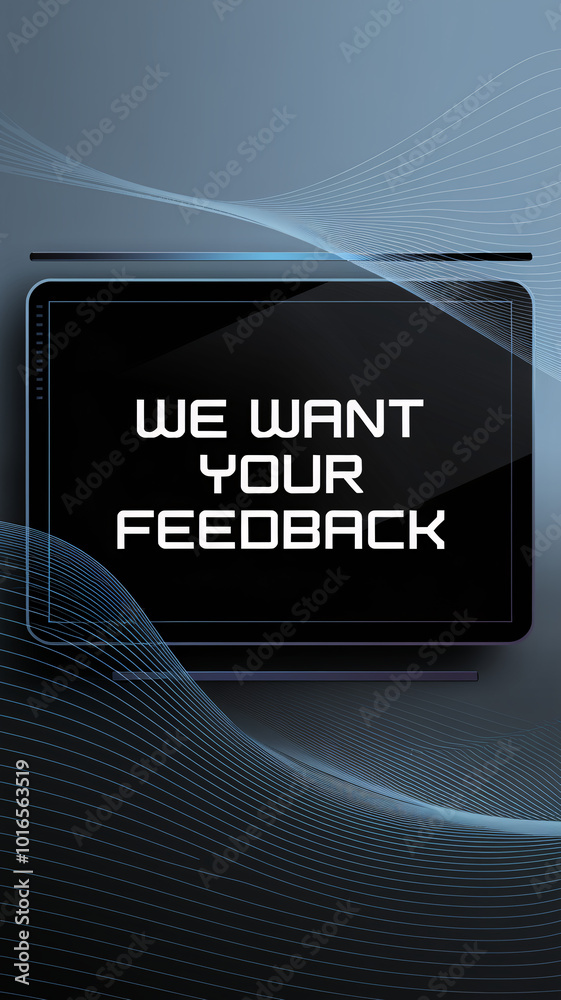 Digital-themed feedback request with "WE WANT YOUR FEEDBACK" on a ...