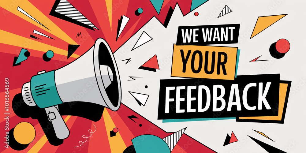 Vibrant red and yellow explosion design with megaphone and text "WE ...