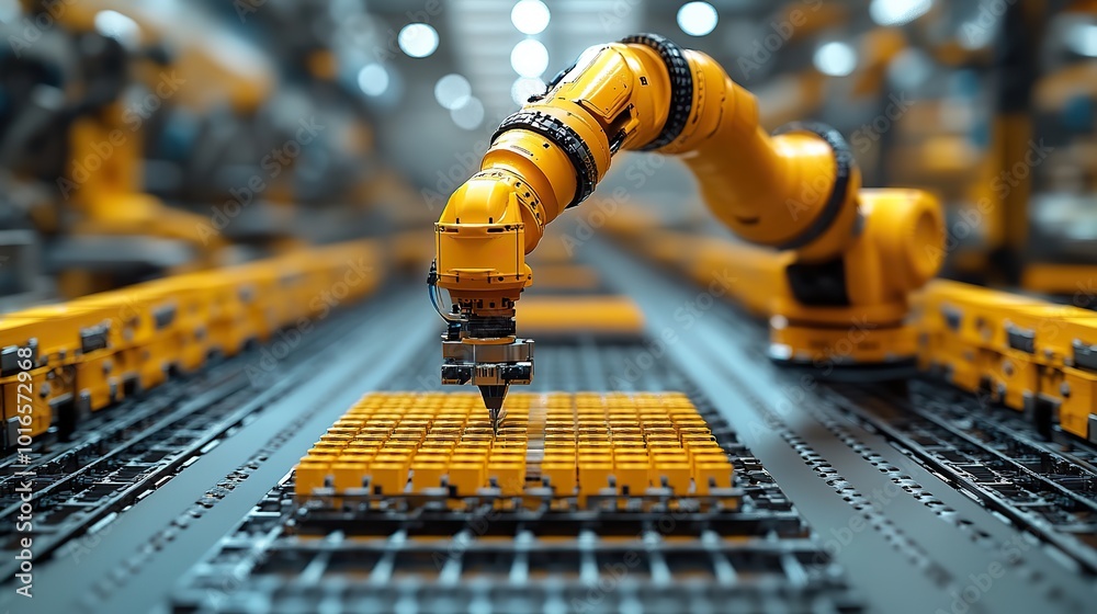 the concept of a smart factory an industrial machine robot arm in a ...