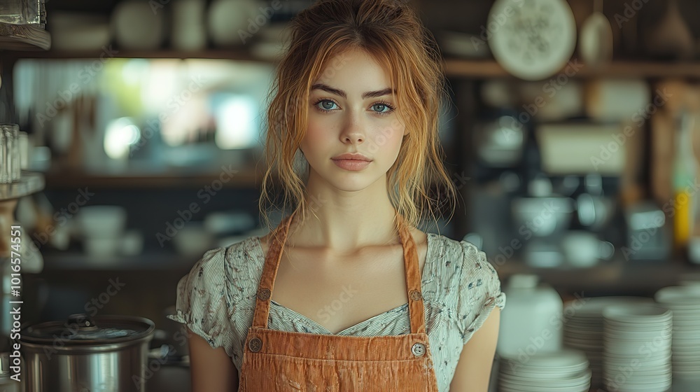 tired and overworked woman stands in kitchen,dirty dishes exhausted and ...