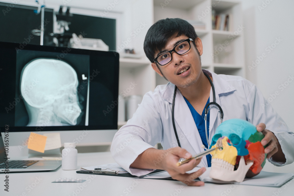 In the hospital, the doctor analyzed the x-ray scan of a person's skull ...