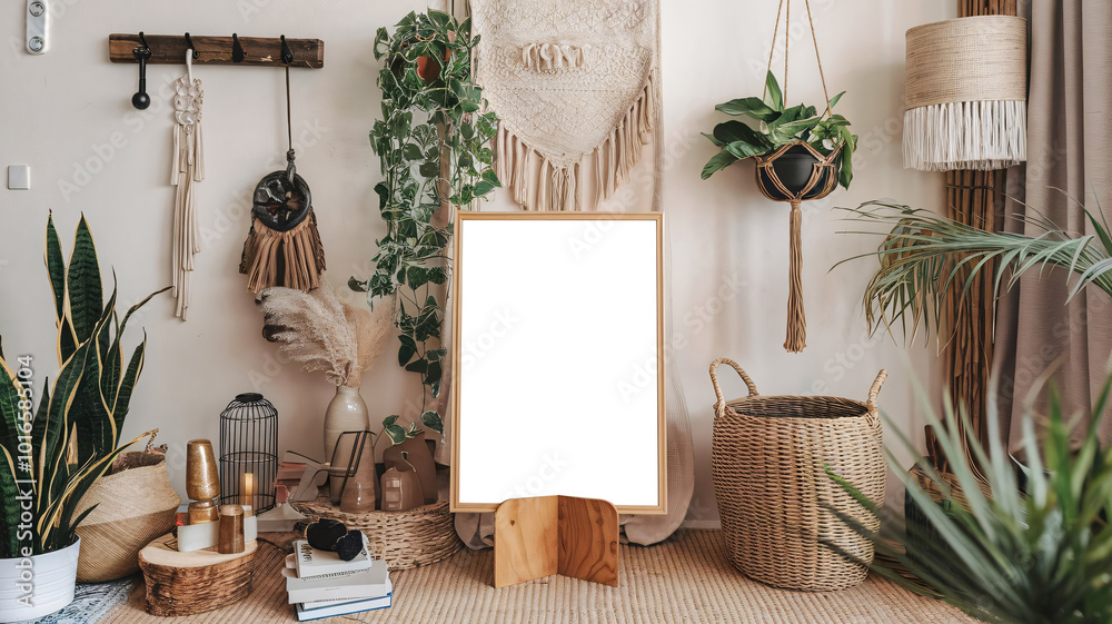 Mockup frame in nomadic boho interior background with rustic decor, render, mockup, frame ...