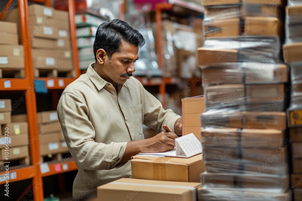 Indian man works in warehouse office, managing packing boxes. Man keeps ...