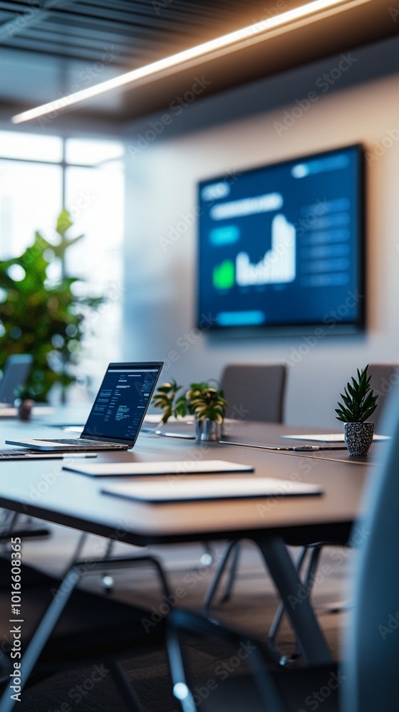 Modern office workspace with laptop and large screen displaying data ...