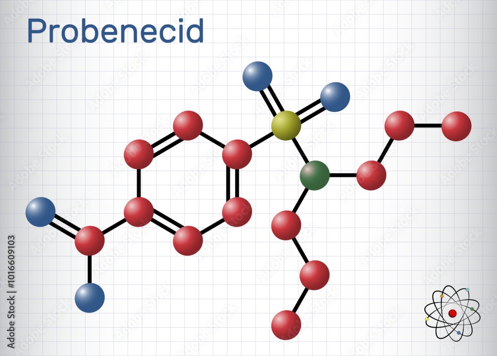 Probenecid molecule. A uricosuric agent used in the treatment of gout ...