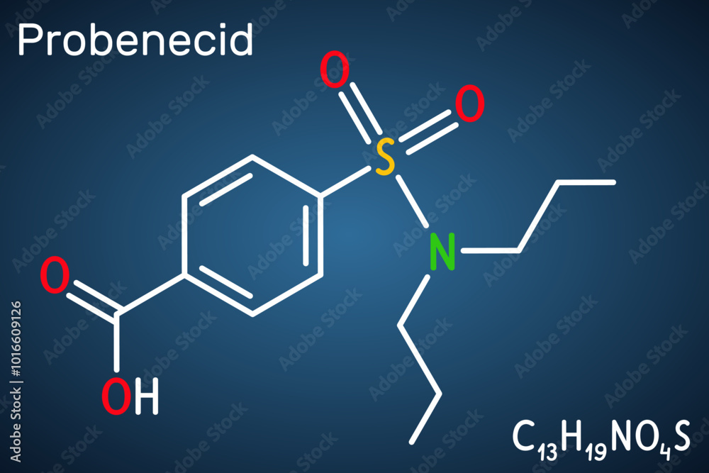 Probenecid molecule. A uricosuric agent used in the treatment of gout ...