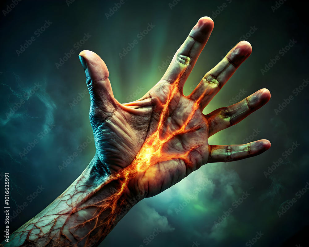 Burning Hand of Power: A dramatic, fiery hand reaches up from a stormy ...
