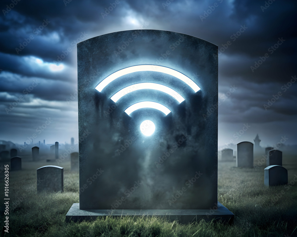 RIP Wifi: A tombstone with a glowing Wi-Fi symbol in a graveyard at ...