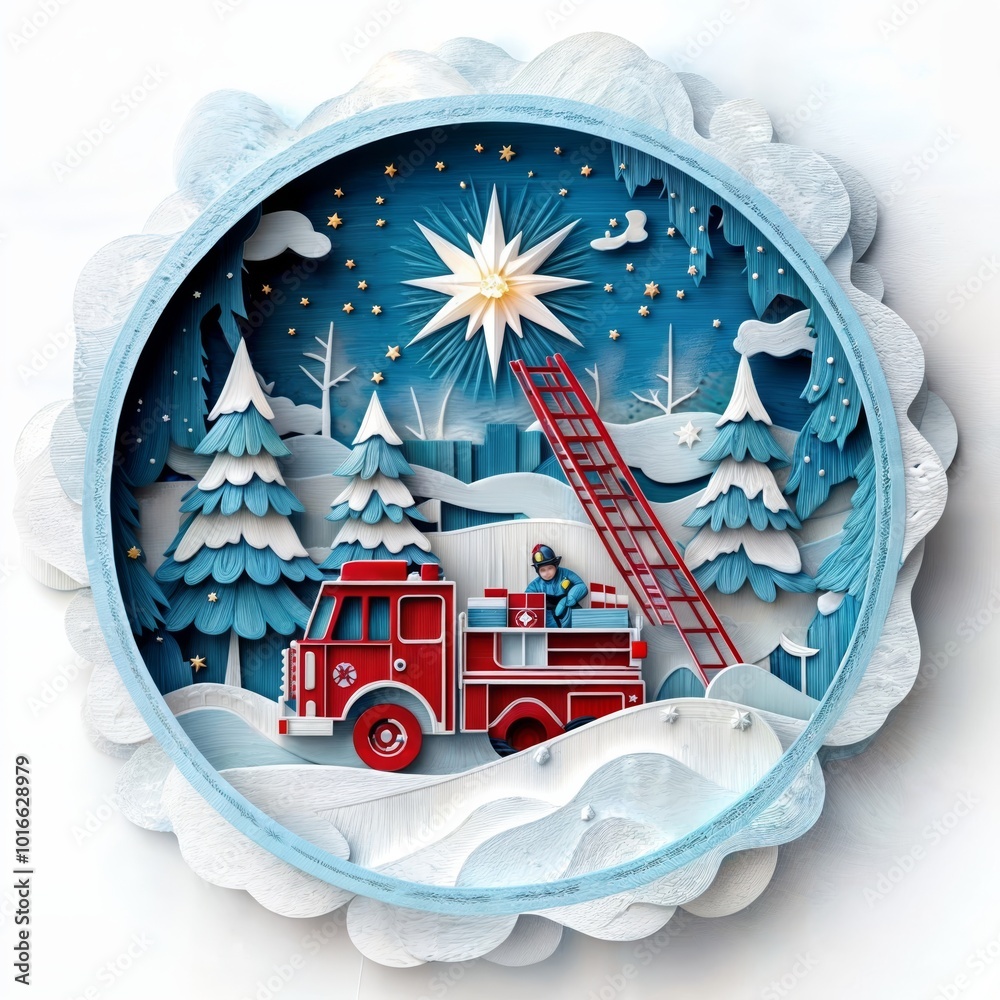 Christmas card for firefighters. A papercraft scene of a firefighter on ...