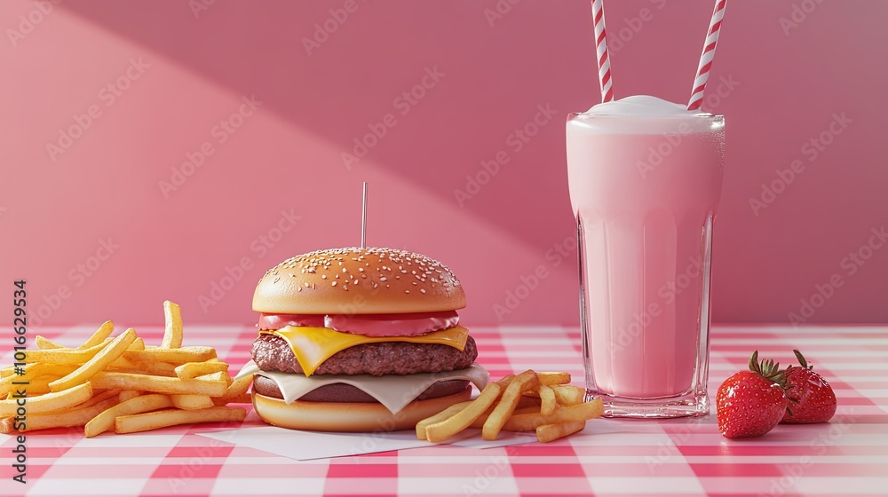 Fast food set featuring a juicy cheeseburger, golden fries, and a ...