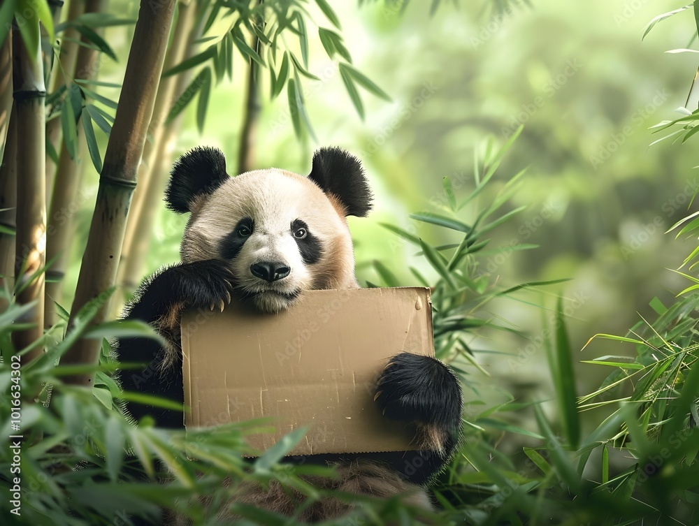 Panda Holding Blank Cardboard Sign in Bamboo Forest Eco Friendly ...