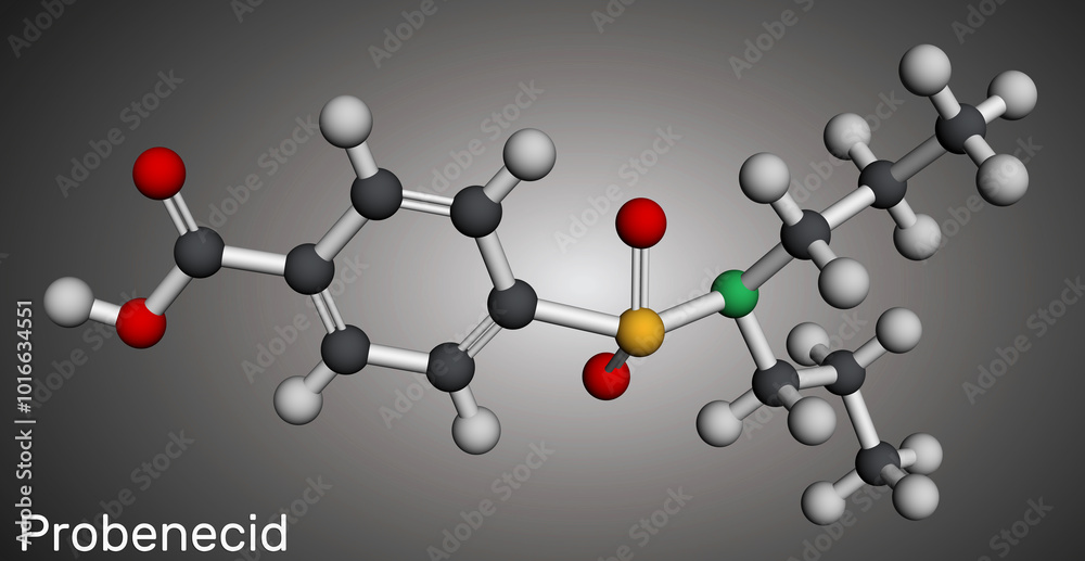 Probenecid molecule. A uricosuric agent used in the treatment of gout ...