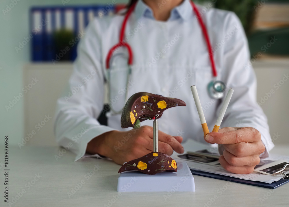 Model of liver with cigarettes, symbolizes the effect of nicotine and ...