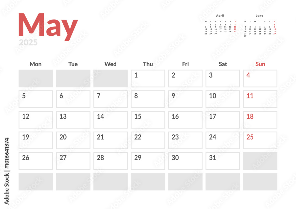 Monthly page Calendar Planner Template of May 2025. Vector layout of ...
