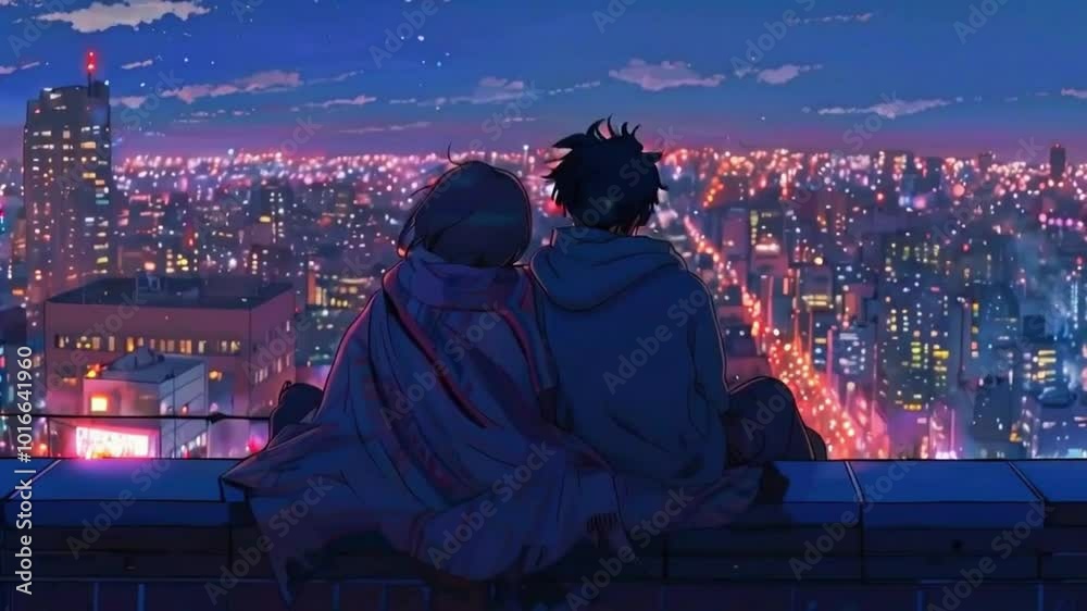 Animated virtual backgrounds cozy couple sits edge rooftop, wrapped in ...