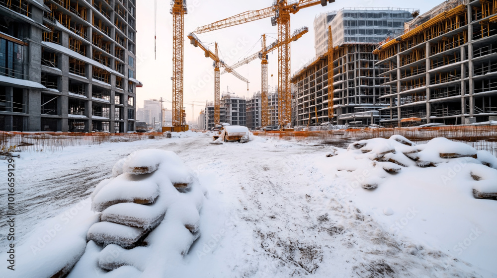 Snow-covered construction site with multiple high-rise buildings and ...