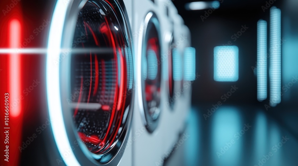 Sleek washing machines with illuminated designs line a minimalist ...