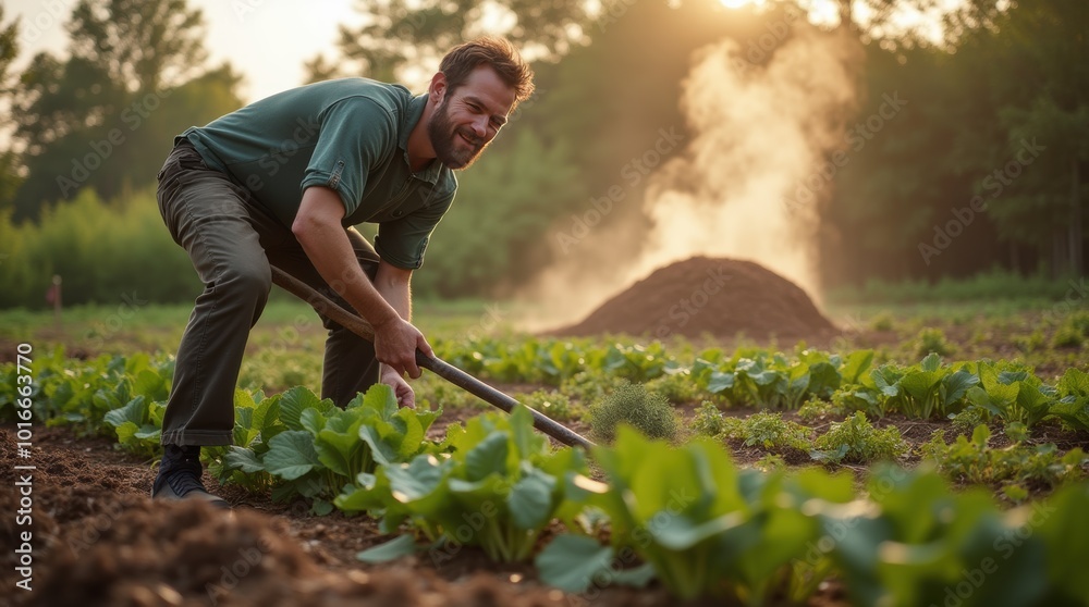 Farmer using a scythe to harvest cover crops on a sustainable ...