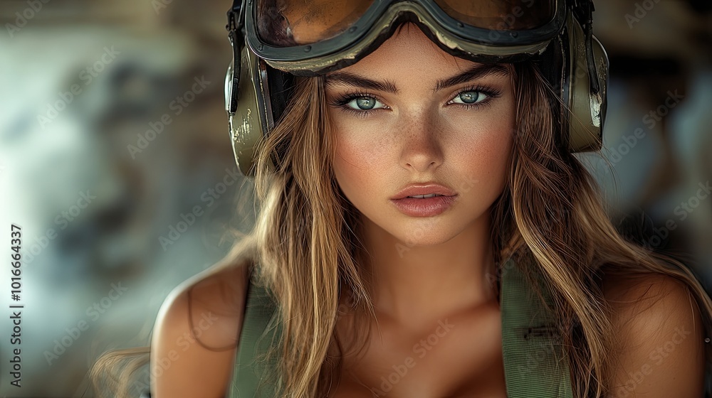 Woman Wearing Military Green Tanker Uniform and Tanker Helmet Sitting ...