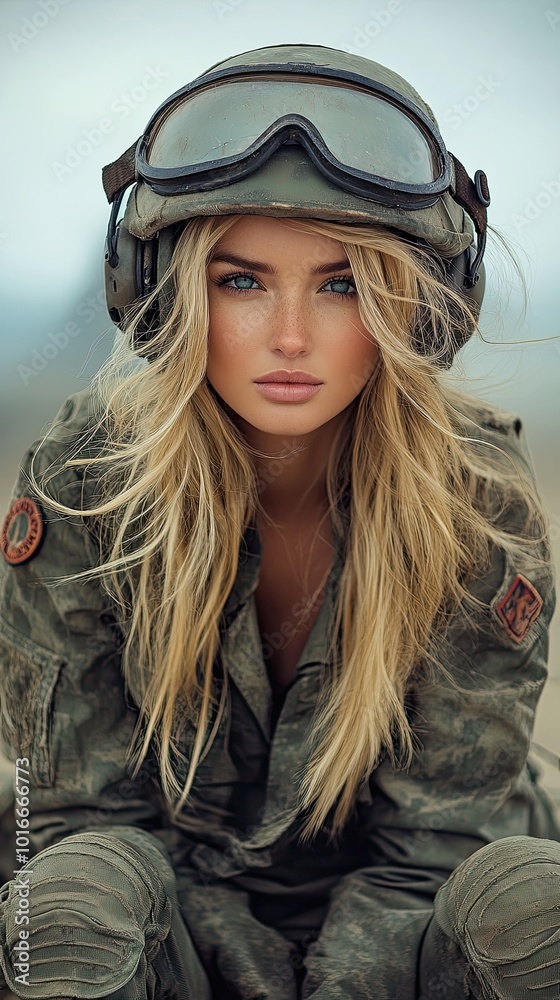 Woman Wearing Military Green Tanker Uniform and Tanker Helmet Sitting ...