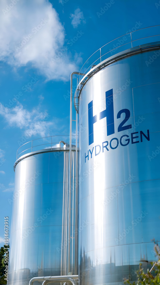 Large Cylindrical Hydrogen Storage Tanks Against a Clear Blue Sky ...