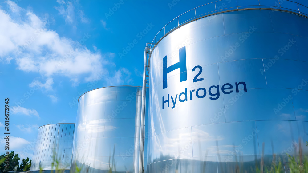 Large Cylindrical Hydrogen Storage Tanks Against a Clear Blue Sky ...