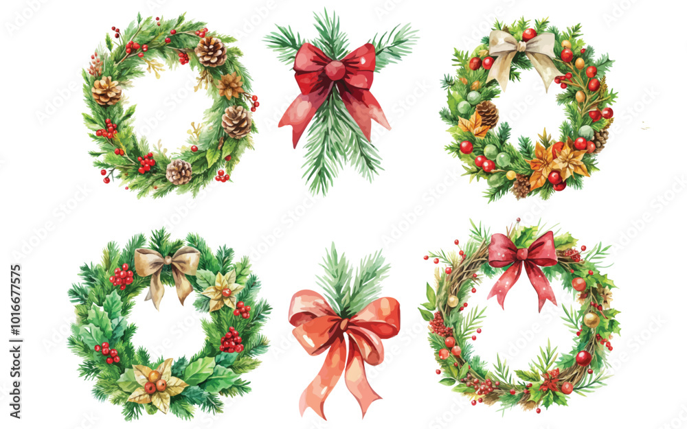 Merry Christmas watercolor wreath clipart set isolated from white ...