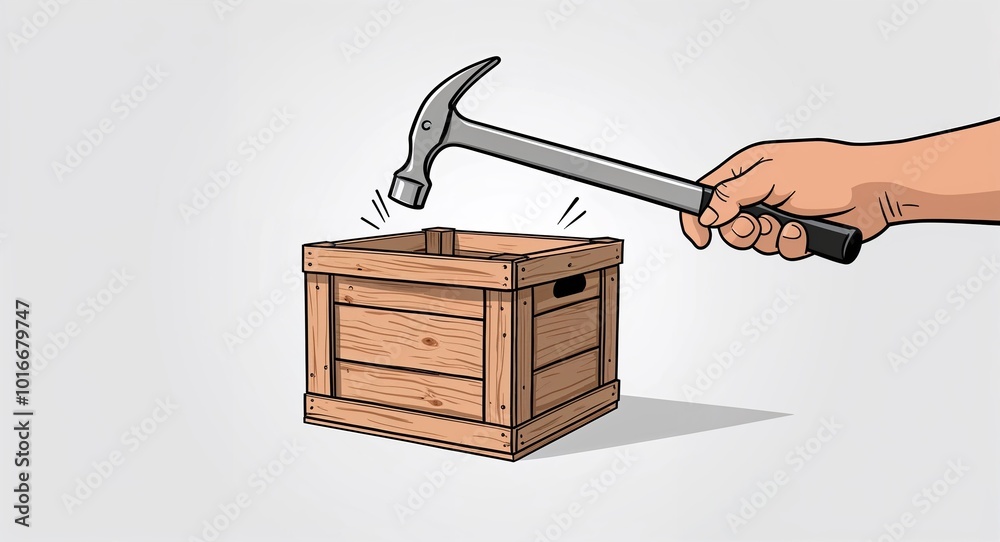 Hand drawing clipart of a crowbar prying open wooden crate on plain ...