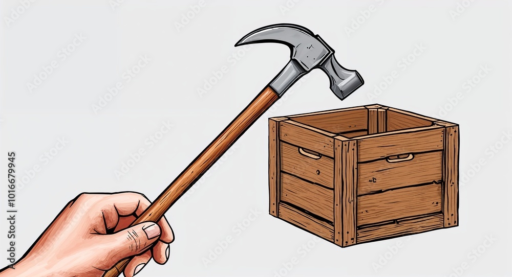 Hand drawing clipart of a crowbar prying open wooden crate on plain ...