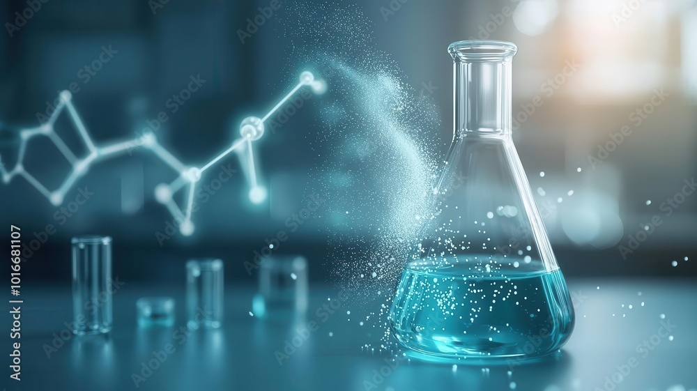 Synthetic chemical powder mixing with liquid, close up, dissolution ...