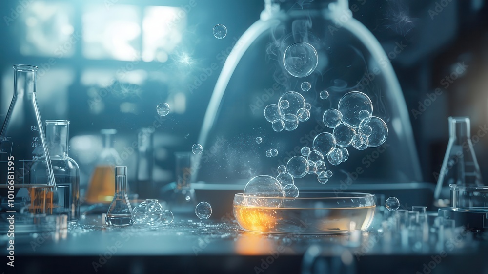 Synthetic chemical solution reacting and forming gas bubbles, close up ...