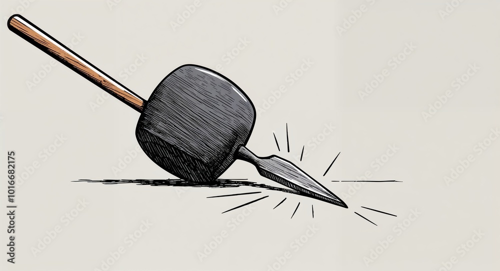 Hand drawing clipart of a mallet striking chisel on plain white ...