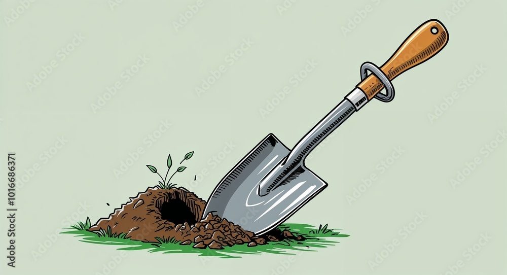 Hand drawing clipart of a shovel digging hole in garden on plain white ...