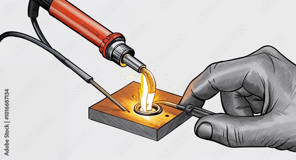 Hand drawing clipart of a soldering iron melting metal on plain white ...