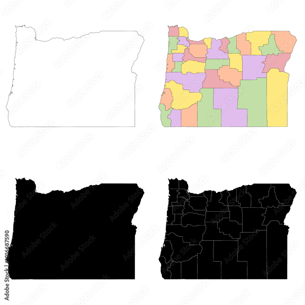 Oregon administrative map, Oregon outline and counties state map set ...