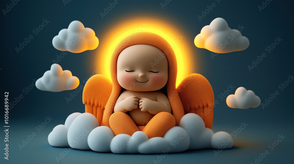 A cute cartoon baby angel with orange wings and a glowing halo, sitting ...
