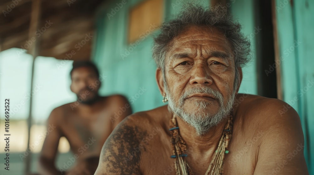 An elderly man with tribal tattoos sits thoughtfully outside his rustic ...