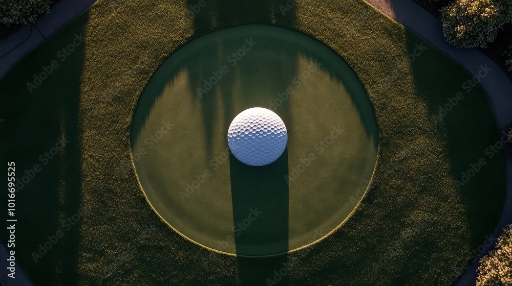 The top-down image shows a golf course sand trap perfectly placed in ...