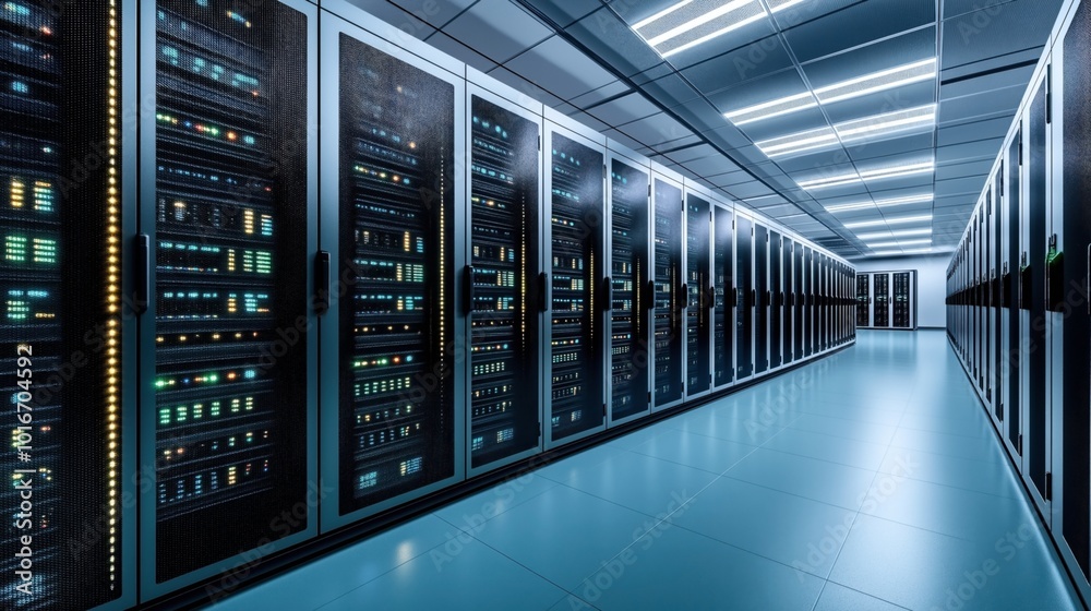 A modern server room with rows of servers in racks, glowing indicator ...