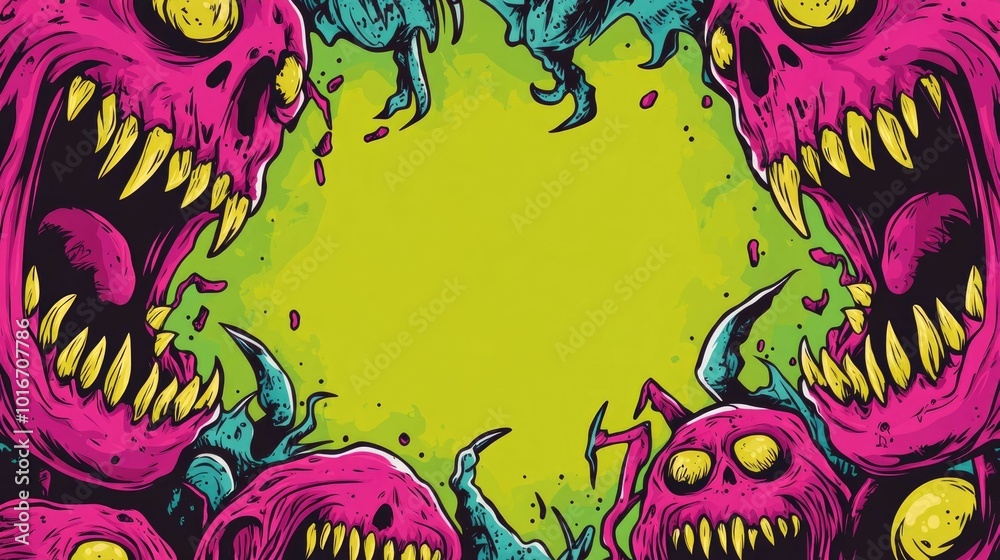 Cartoonish zombie and spider characters decorating the sides of a ...